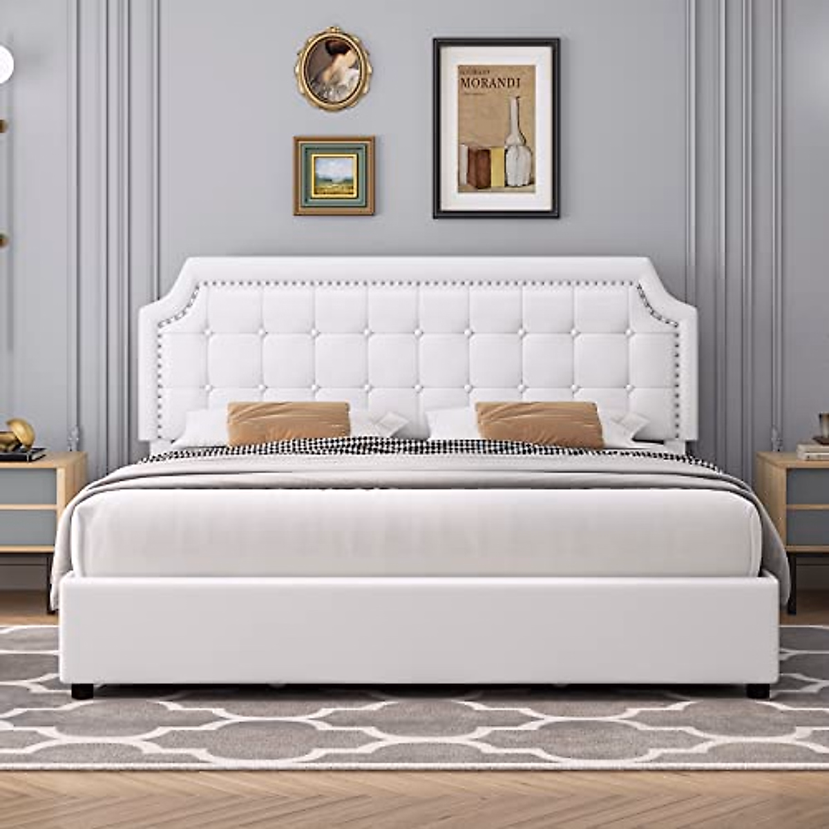Keyluv Upholstered Queen Bed Frame with 4 Storage Drawers, Platform Bed with Curved Button Tufted Headboard with Nailhead Trim, Solid Wooden Slats Support, No Box Spring Needed, Off White