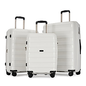 GinzaTravel 3-piece set white color luggage with scratch-resistant PP material, expandable(（all 20 24 28), Super light, thickened, large-capacity double seal suitcase