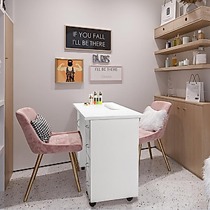 Knocbel Computer Desk Manicure Nail Table with Four Drawers and A Cabinet, with Wheels for Flexible Use, Sturdy Wooden Construction, Large Storage Space, 47.2" L x 21.3" W x 31.9" H White