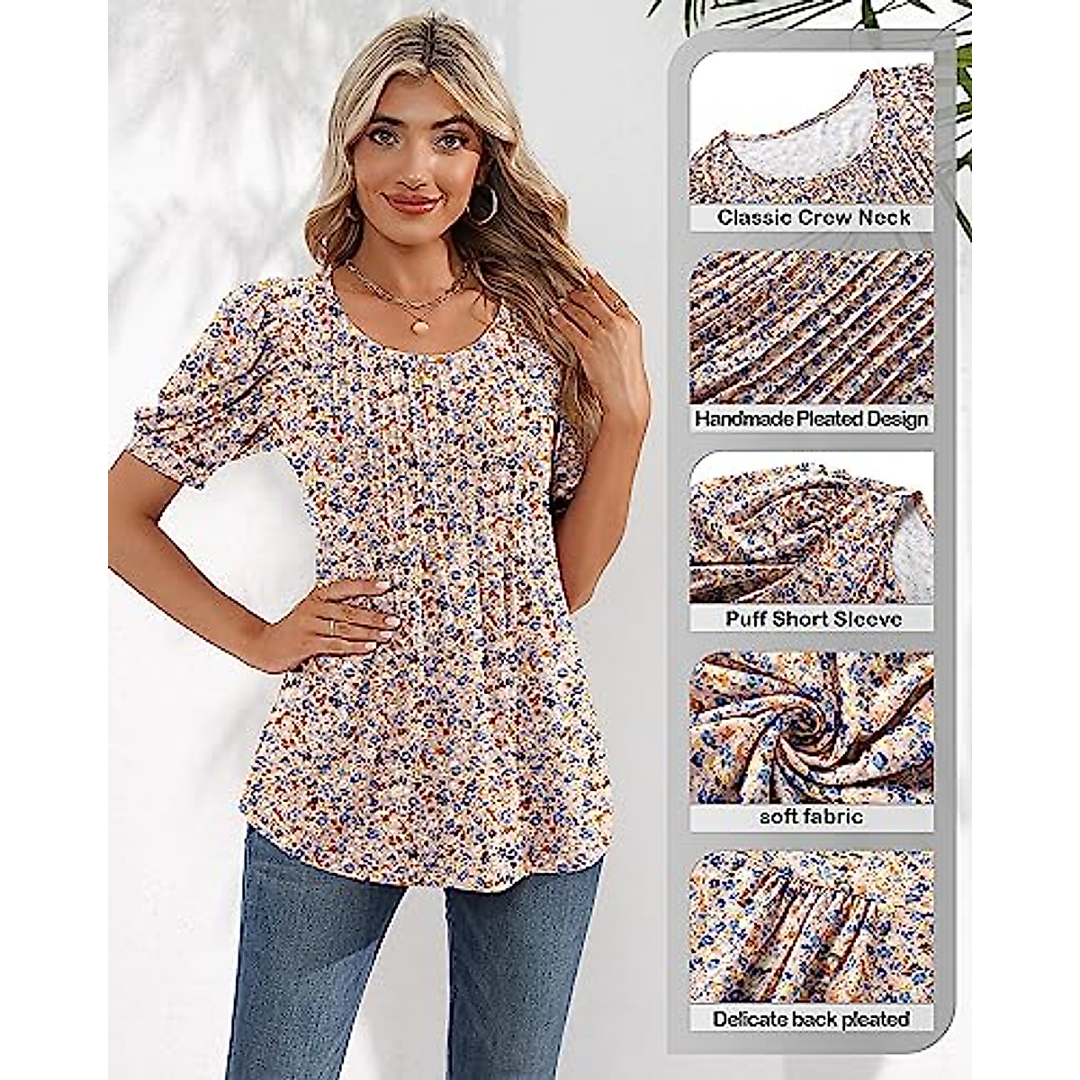 Ficerd Women's Puff Short Sleeve Tunic Tops Pleated Crew Neck Blouses Dressy Casual Loose Spring and Summer T-Shirts (Pink Flower, Medium)