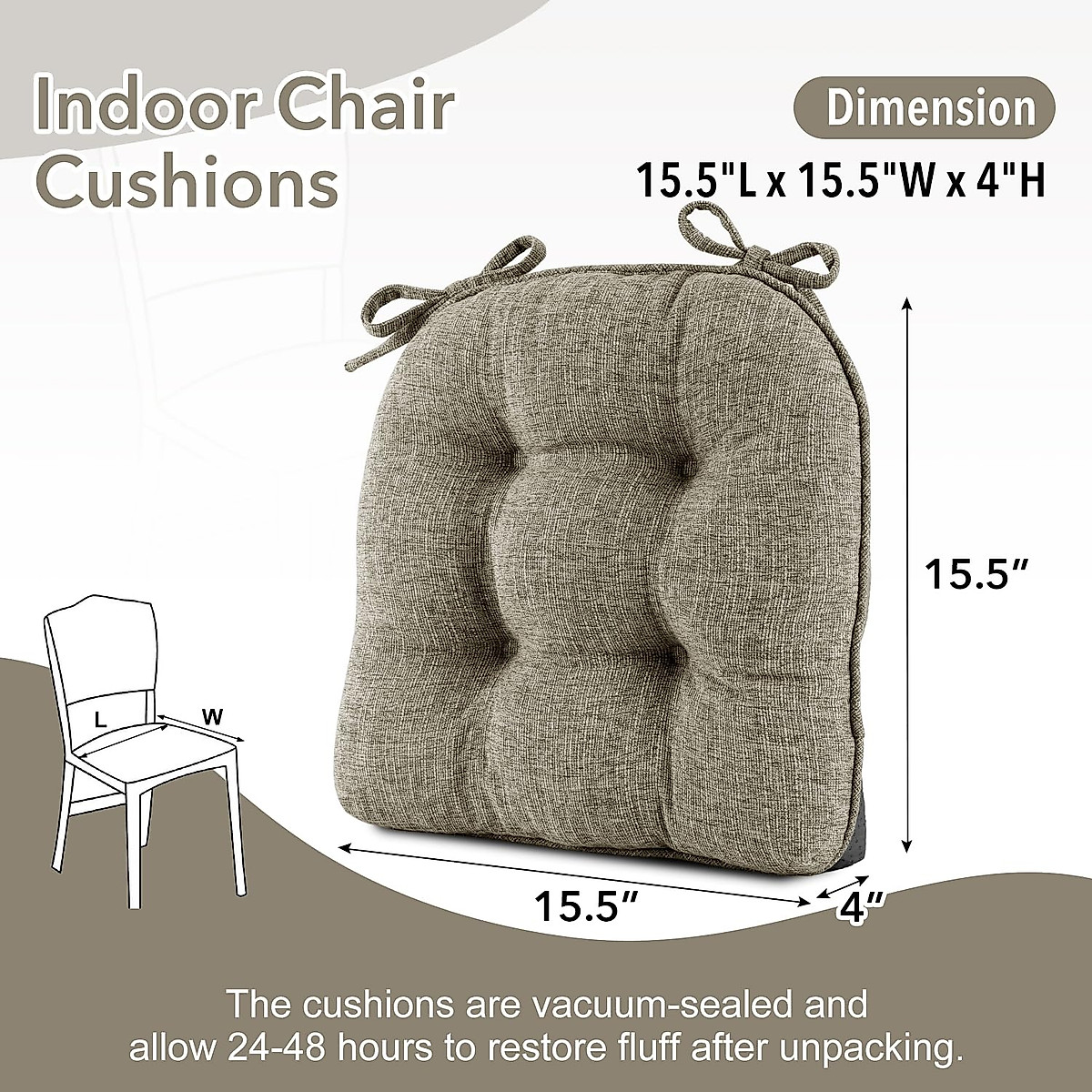 downluxe Indoor Chair Cushions for Dining Chairs, Tufted Overstuffed Textured Memory Foam Kitchen Chair Pads with Ties and Non-Slip Backing, 15.5" x 15.5" x 4", Khaki, 4 Pack