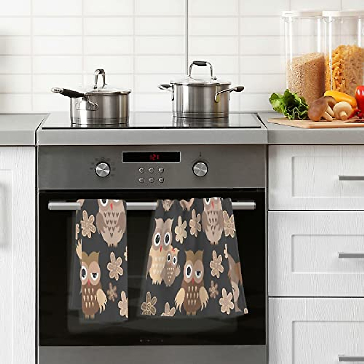 Jucciaco Cute Cartoon Owls Cotton Towels for Bathroom, Soft Absorbent Hand Towel Set of 2 for Kitchen Yoga Gym Decorative, 16x28 inch