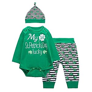 My First St Patrick's Day Lucky Clover Outift Set Baby Boys Girls Stripe Pant Set with Hat (Green, 0-3 Months)