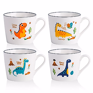 CHILDIKE Ceramic Dino Mug 13 Oz Dinosaur Cup, Cute Porcelain Mug for Breakfast, Cereal, Kawaii, Cartoon, Christmas & Holiday Gifts for Kids, Girls, Boy, Microwave Safe, Set of 4