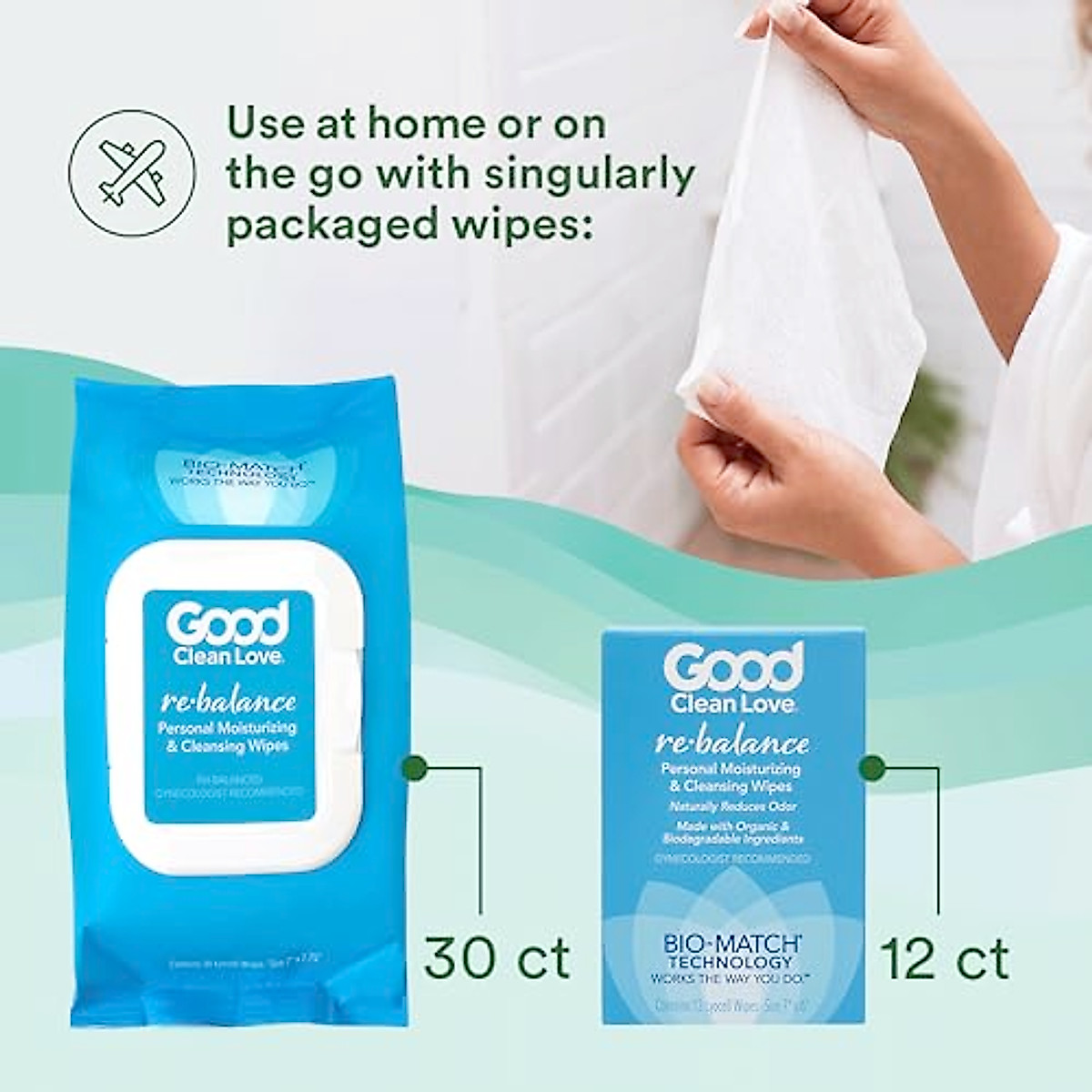 Good Clean Love Rebalance Feminine Wipes, Supports Vaginal Health Naturally & Reduces Odor, Moisturizing & Cleansing Hygiene Product Made with Aloe, pH-Balanced Feminine Wipes, 30 Biodegradable Wipes