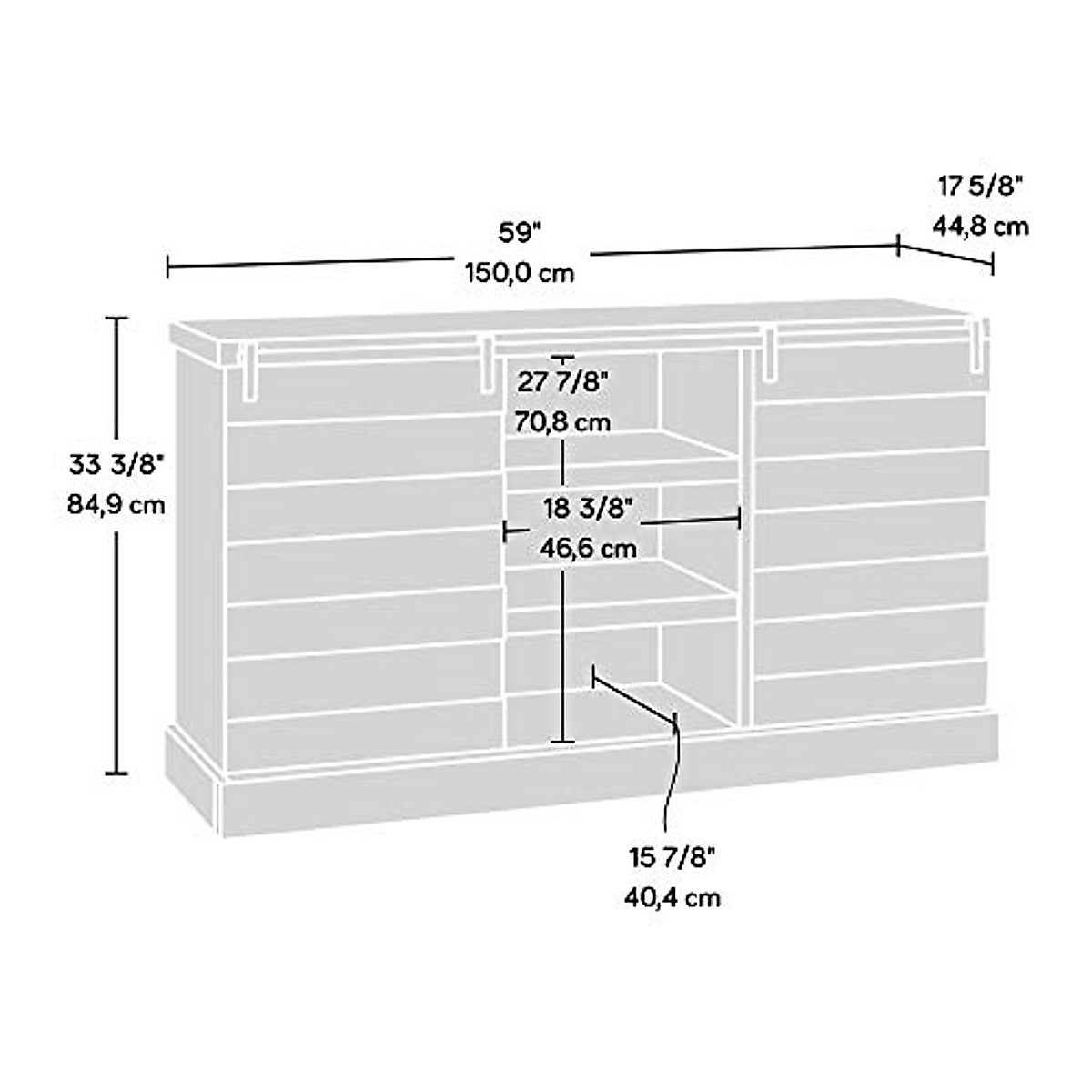 Sauder Cannery Bridge Credenza, L: 17.638" x W: 59.370" x H: 33.425", Mystic Oak finish