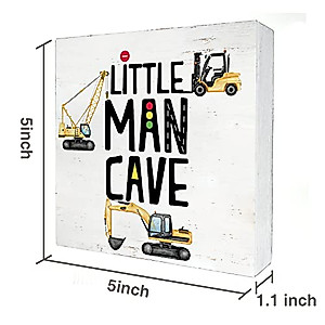 Construction Nursery Little Man Cave Wood Box Sign Construction Truck Transportation Vehicle Wooden Box Sign Plaque for Wall Desk Home Boys Room Decoration