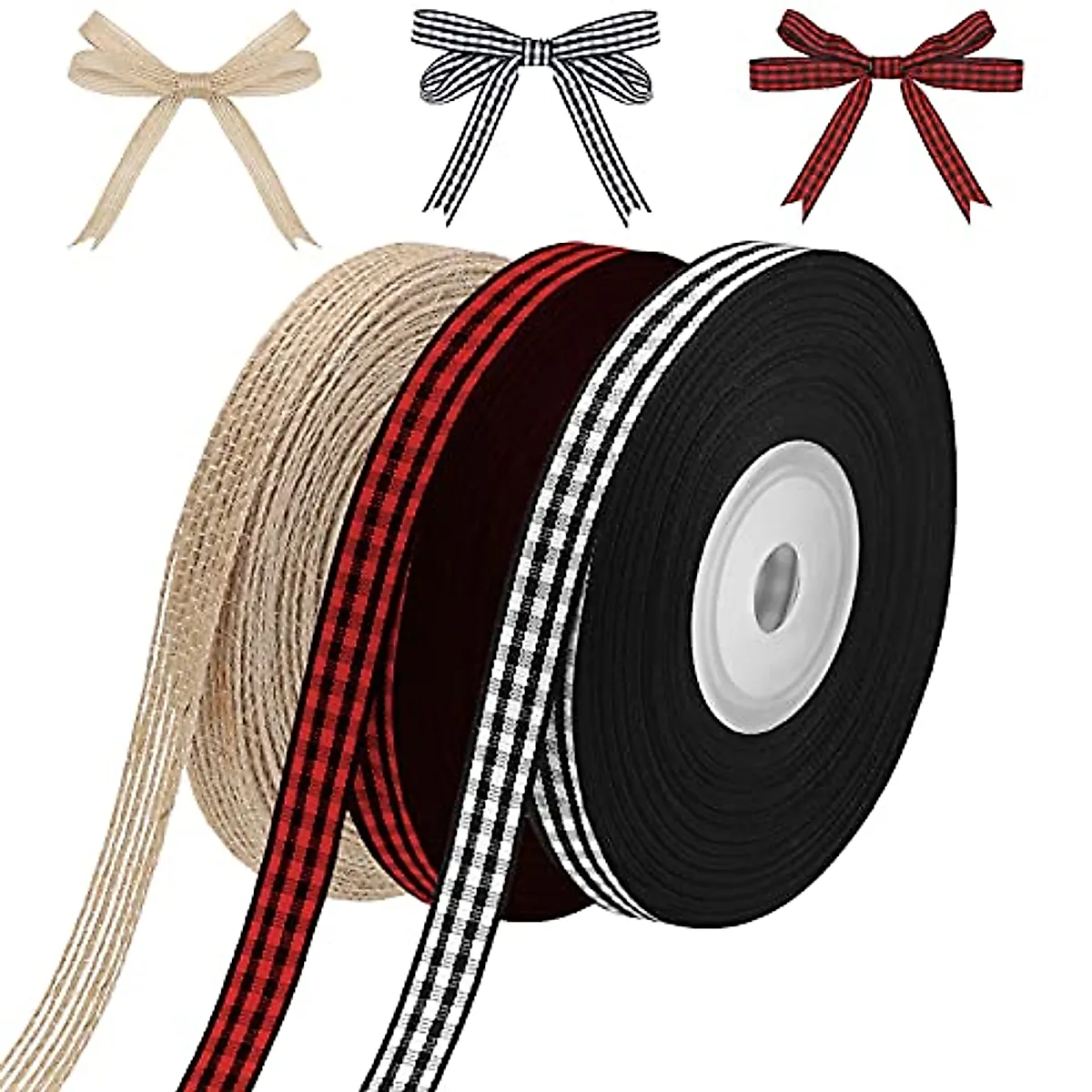 Christmas Ribbons Black Red Buffalo Plaid Fabric Ribbon Black and White Checked Gingham Ribbon 25 Yards Natural Burlap Ribbons Rustic Wrapping Ribbon for DIY Craft Party Decor (0.4 Inch)