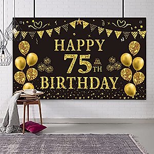 Trgowaul 75th Birthday Backdrop Gold and Black 5.9 X 3.6 Fts Happy Birthday Party Decorations Banner for Women Men Photography Supplies Background Happy Birthday Decoration