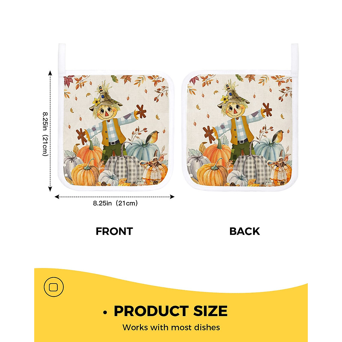 Fall Scarecrow 2 PCS Pot Holders for Kitchens Counter, Autumn Thanksgiving Pumpkin Maple Burlap Heat Insulated Podholders Oven Hot Pads for Cooking BBQ Baking Heat Proof Mat