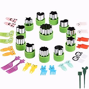 Vegetable Cutters Shapes Set, 12pcs Stainless Steel Mini Cookie Cutters, Vegetable Cutter and Fruit Stamps Mold + 20pcs Cute Cartoon Animals Food Picks and Forks -for Kids Baking and Food Supplement