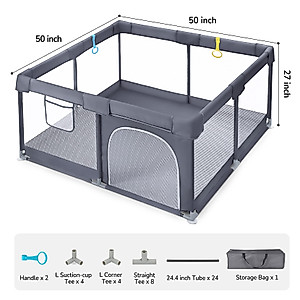 Baby Playpen, Baby Fence with Gates, Playpen for Babies and Toddlers, Playards with Pull-up Rings, Visible Mesh, Safe Anti-Fall Sturdy Baby Play Area, Waterproof Oxford Cloth 50x50"