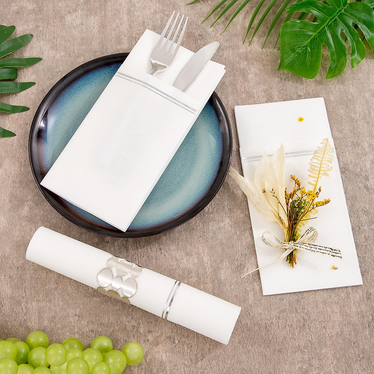 Nervure 100PCS Silver Paper Napkins with Built-in Flatware Pocket - White and Silver Prefolded Cloth Like Disposable Napkins - Heavy-duty Linen-Feel Dinner Napkins for Party & Wedding & Dinner