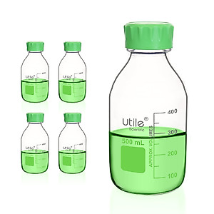 Utile Media Bottle, 3.3 Borosilicate Glass Bottles with GL45 Screw Caps, 4pcs of 500ml(16.9oz) Lab Media Bottles, PP Material Media Storage Bottle, 4038.0500.4