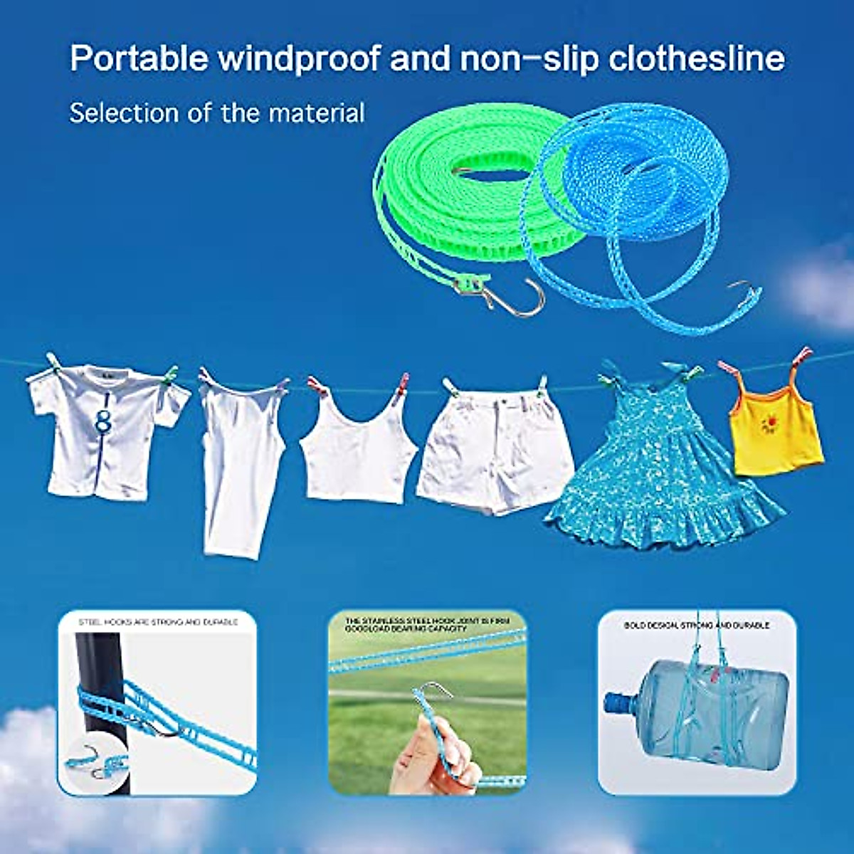 Must-Have 2-Pack Clothesline for Home Hotel Travel, Windproof Laundry Lines Convenient Outdoor Indoor, Compact-Sized Versatile Rope for Miscellaneous Items Drying or Hanging, 3m&5m, Blue&Green