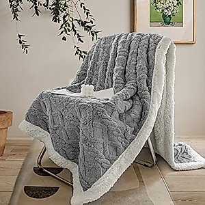 Plush Thick Sherpa Throw Blanket Grey - Soft Warm Breathable Fleece Velvet Blanket with 3D Stylish Cable Pattern for Bed Sofa Recliner Chair - Fluffy Throw Size 60"×80"