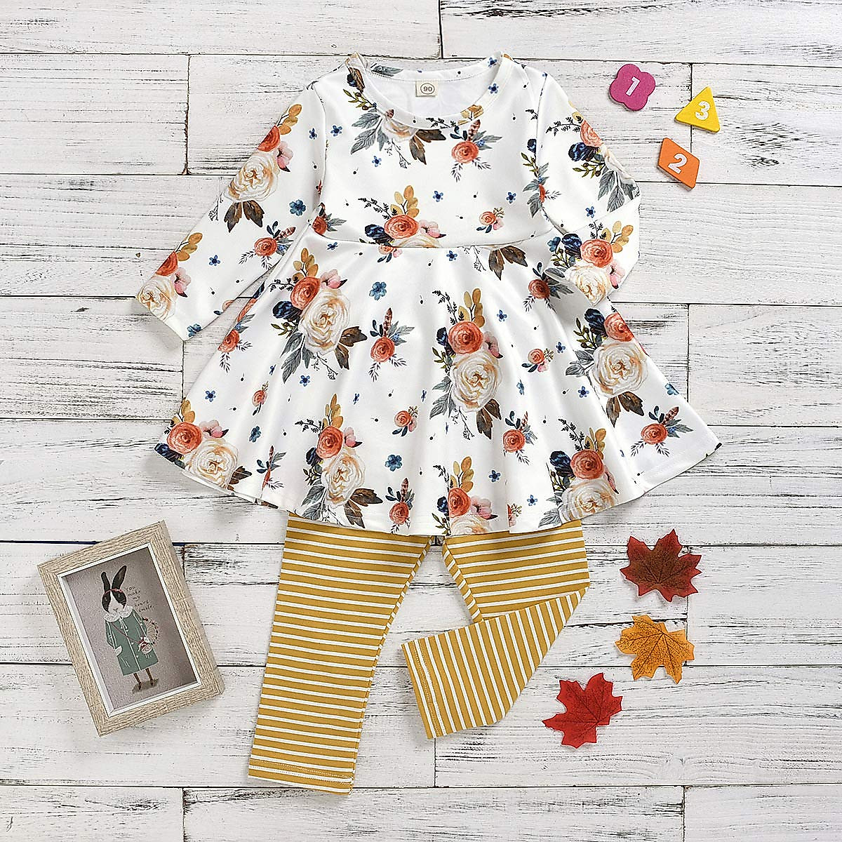 Aimaopao Toddler Baby Girls Fall Winter Clothes Set Little Girls Floral Tunic Tops Pants Outfits Clothing Yellow Floral 4T
