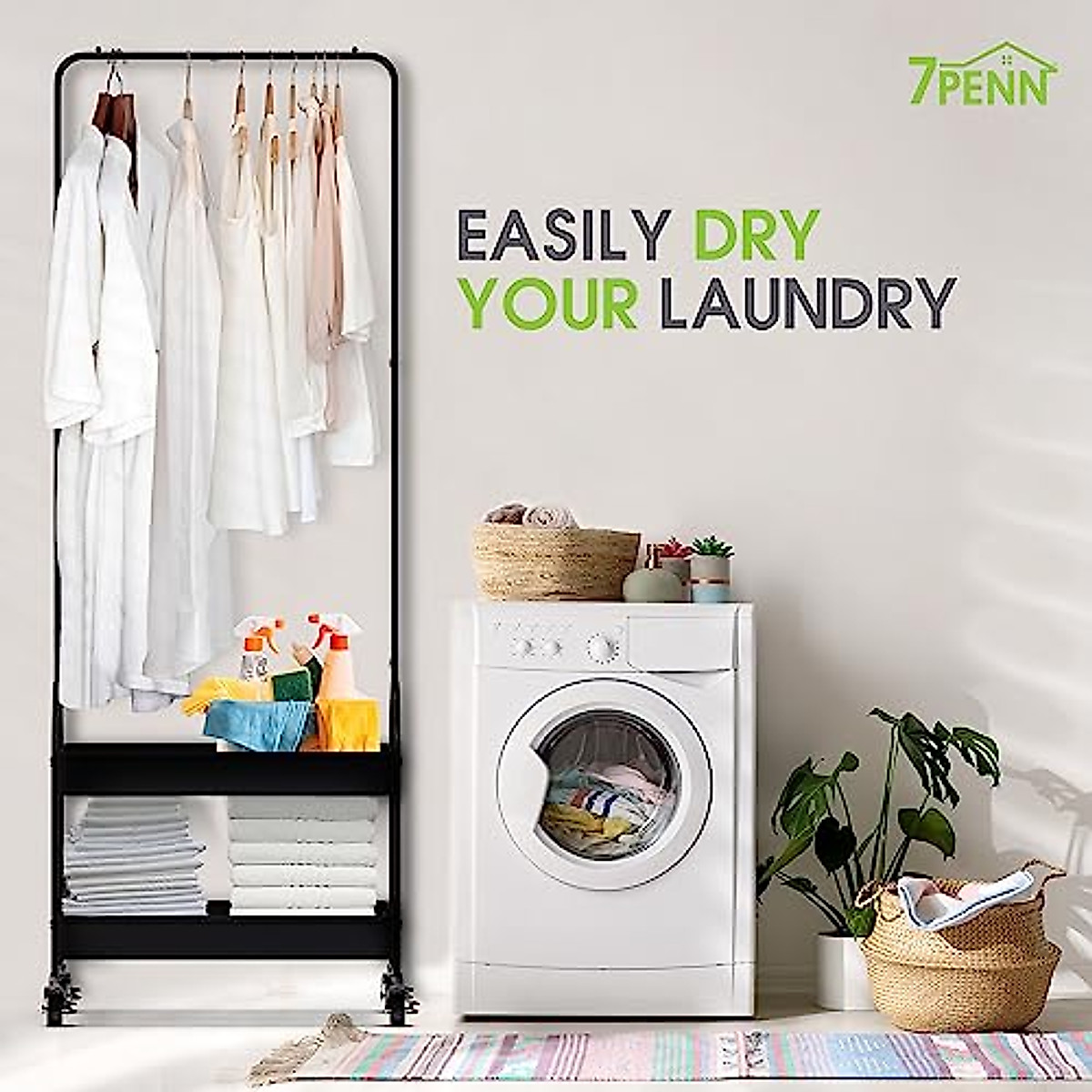 7Penn Foldable Clothes Drying Rack - 3 Tier Standing Large Collapsible Laundry Drying Rack Clothing Hanger on Wheels