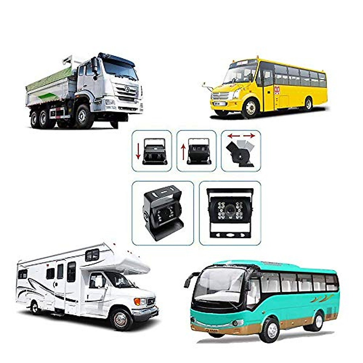Camecho Vehicle Backup Camera 7 Inch 4 Split Monitor+ 4 Cameras with Front View, Rear View 18 IR Night Vision Waterproof Auto Camera with 2x33 ft and 2x65ft Cables for Trucks, RV, Trailer, Bus
