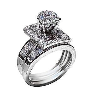 Women Wedding Ring Bridal- Girl 2PC Geometry Rhinestone Cubic Zirconia Bridal Geometry Rhinestone Engagement Ring Full Diamond Zirconia Solitaire Ring for Women Size Promise- Men Mom (SilverE, 7)
