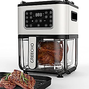 GREECHO Air Fryer and Frying Pan Combo, One-Touch Screen with 12 Precise Presets, 4.8QT All-around Visual Glass Hot Air Fryer Cooker, Non-stick Skillet and Square Basket, Pearl White