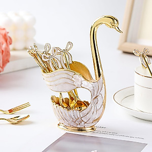 Gold Swan Base Holder,Table Decorative Swan Dessert Spoons Organizer Base Spoons Holder with 6pcs Coffee Spoon set,Elegant Gold Dessert Spoons,Premium Zinc Alloy Swan Base Spoon Organizer (Gold)