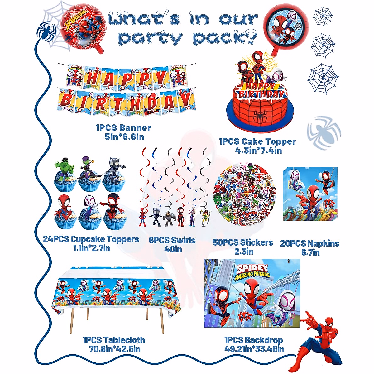 203PCS Birthday Party Supplies and Decorations for Kids, Serves 10 Guests with Backdrop, Banner, Invitation Cards, Cake Topper, Foil Balloon, Swirls, Balloons, Stickers, Tableware