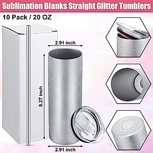 Zopeal 10 Pack Silver Sublimation Tumblers 20 oz Blank Skinny Tumbler Bulk Glitter Straight Double Wall Stainless Steel Insulated Tumblers with Lid and Straw for Heat Transfer Water Bottle Gift