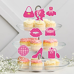 Hot Pink Girl Cupcake Toppers - 24PCS Glitter Hot Pink Princess Cupcake Toppers Picks Handbag Lip High Heel Cake Decoration Princess Birthday Bachelorette Party Supplies Bridal Shower
