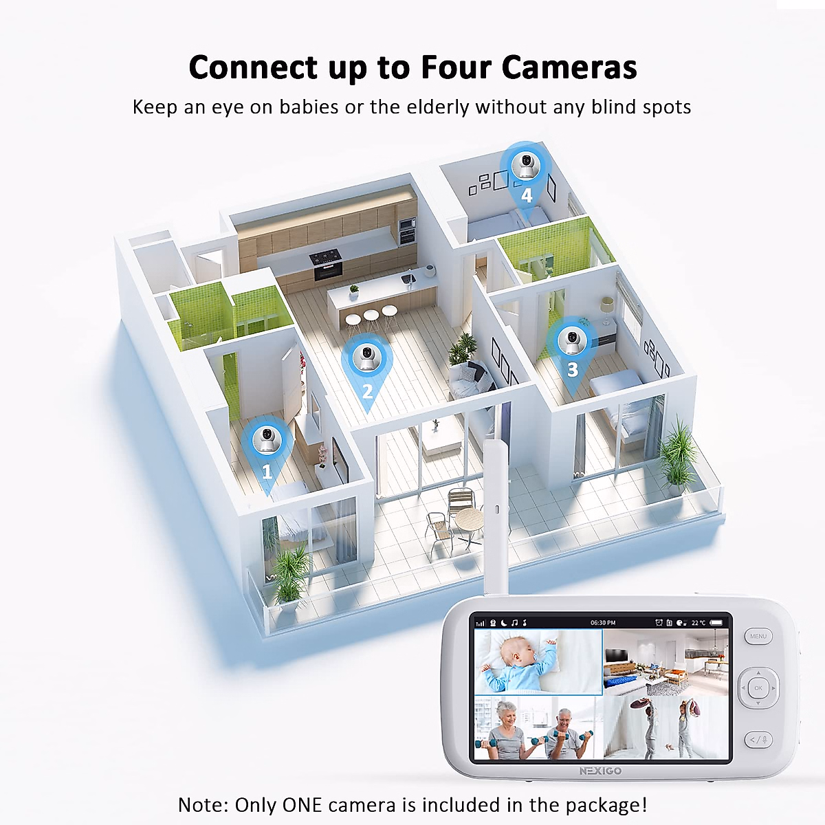 NexiGo Video Baby Monitor with Camera and Audio, 5 Inch Split IPS Screen, Support Up to 4 Cameras, 2-Way Audio, Pan-Tilt-Zoom, 4800mAh Battery, Temperature Detection, Night Vision, Lullaby (White)