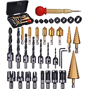 SHITIME 34 Pack Wood Working Chamfer Drilling Tools, 6 Countersink Drill Bit Set, 7 Counter Sinker Drill Bit Set, 8 Plug Cutters for Wood, 8 Drill Stop Bit Collar Set and 3 Step Drill Bits.