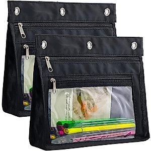 YoeeJob 2 Pack 1 Inch Expandable Zipper Pencil Pouches with Clear Window for 3 Ring Binder, Suitable for School & Office (Black)