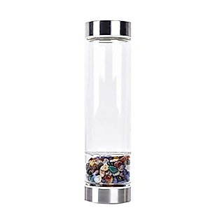 Inner Gem Crystal Elixir Water Bottle, 16oz Stone Infuser Bottle Wellness Glass and Stainless Steel with Chalkra Crystals for Healing and Rose Energy (Colored Agate)