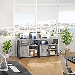 Unikito L Shaped Desk with USB Charging Port and Power Outlet and Office Lateral File Cabinet White Oak