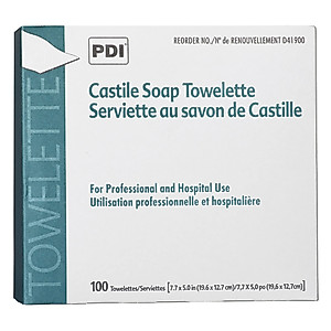 PDI Castile Soap Towelette - Premoistened Facial Cleansing Wipe with Coconut Oil, Great for Travel - Individual Packet, 7.7 in. x 5in., 100 Count, 1 Pack