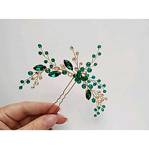 Denifery Bridal Hair Pin Emerald Gold Hair Piece Emerald Hair Clip Gold Green Hairpin Emerald Headpiece Gold Wedding Hair Accessories