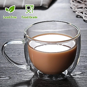 Double Walled Glass Coffee Mugs Set of 2, 8 oz Hand Blown Insulated Coffee Mugs with Handle, Clear Coffee Mugs for Cappuccino, Latte, Americano, Tea Bag, Beverage Glasses Heat Resistant Coffee Cups