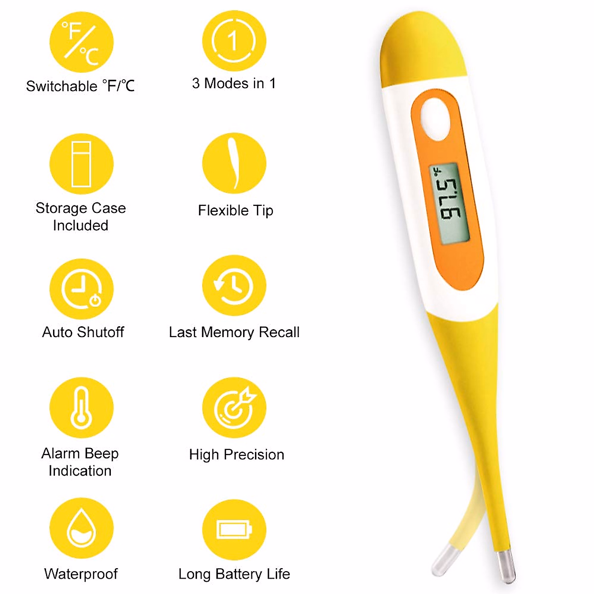 Digital Oral Thermometer for Adults Baby Infant Thermometer,Easy@Home Medical Thermometer,Basal Body Temperature Thermometer for Rectal Mouth Underarm with Fever Alarm EMT-021-Yellow