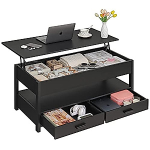 usikey Lift Top Coffee Table, Coffee Tables with 2 Storage Drawer and Hidden Compartment Open Shelf, Retro Wood Central Coffee Table with Lift Tabletop for Living Room, Black