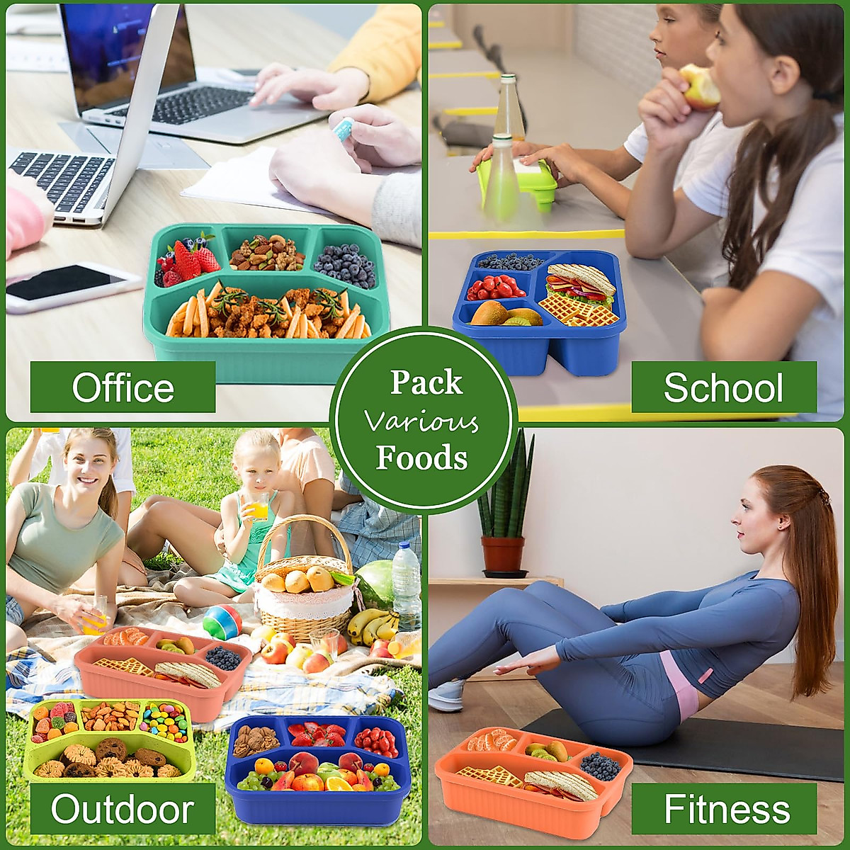 BIEOFFEI 4 Pack Bento Box Lunch Boxes for Adults, 4 Compartment Meal Prep Containers with Lids, Reusable Bento Box Snack Containers for Work, Travel, Picnic, Microwave & Dishwasher Safe