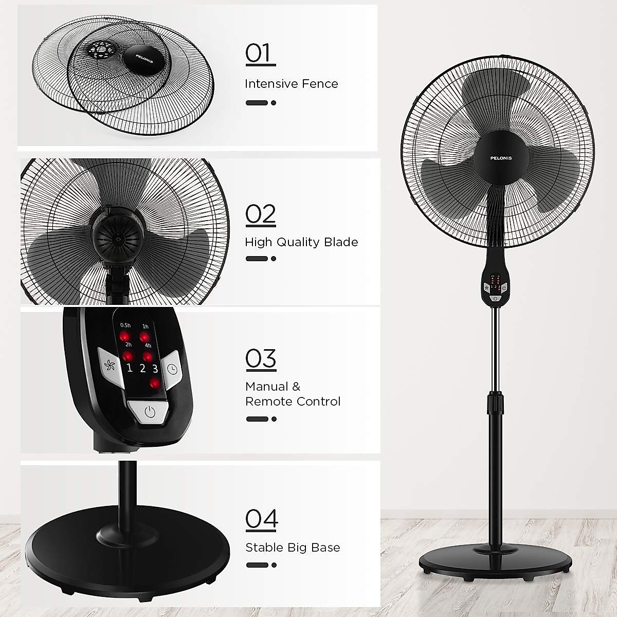 PELONIS 18" Quiet Oscillating Pedestal Fan with LED Display, Remote Control, 3 Speeds and Modes, 7.5h Programmed Timer for Home and Office, Glossy Black