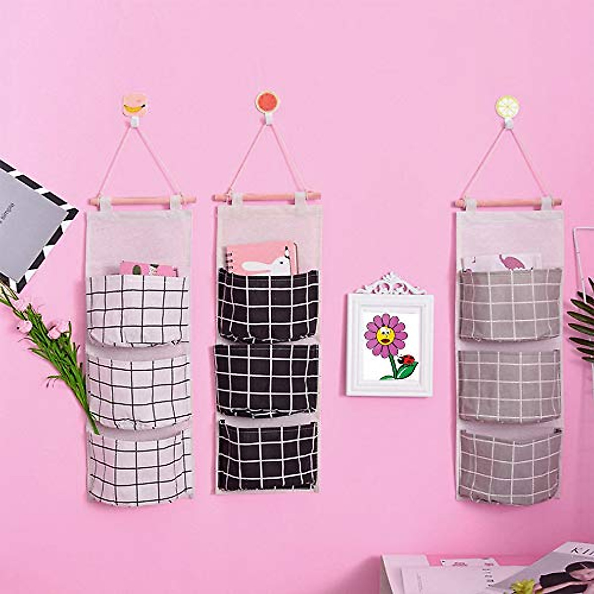 3Pcs Wall Closet Hanging Storage Bag, AUHOKY Premium Linen Fabric Over The Door Organizer, Hanging Storage Pouches with 3 Pockets for Bedroom Bathroom - Waterproof & Stylish (Black/Gray/White)