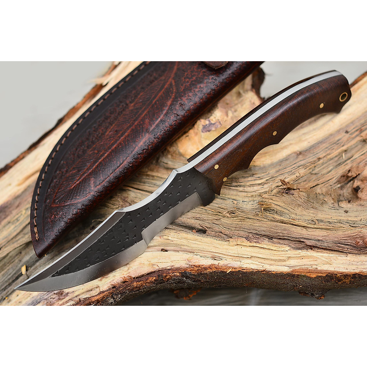 ALZAFASH Tracker Knife with Sheath, Handmade Hunting Knife, Full Tang Camping Knife with Wooden Handle, Hand-forged Steel Blade Knife, Survival Knife