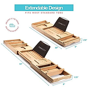 Premium Bamboo Bathtub Tray Caddy - Waterproof Tablet/Phone Case & Razor Slot - Expandable Bath Tray (up to 44in), Luxury Spa Bathtub Caddy, with Adjustable Reading Rack - Patent Pending