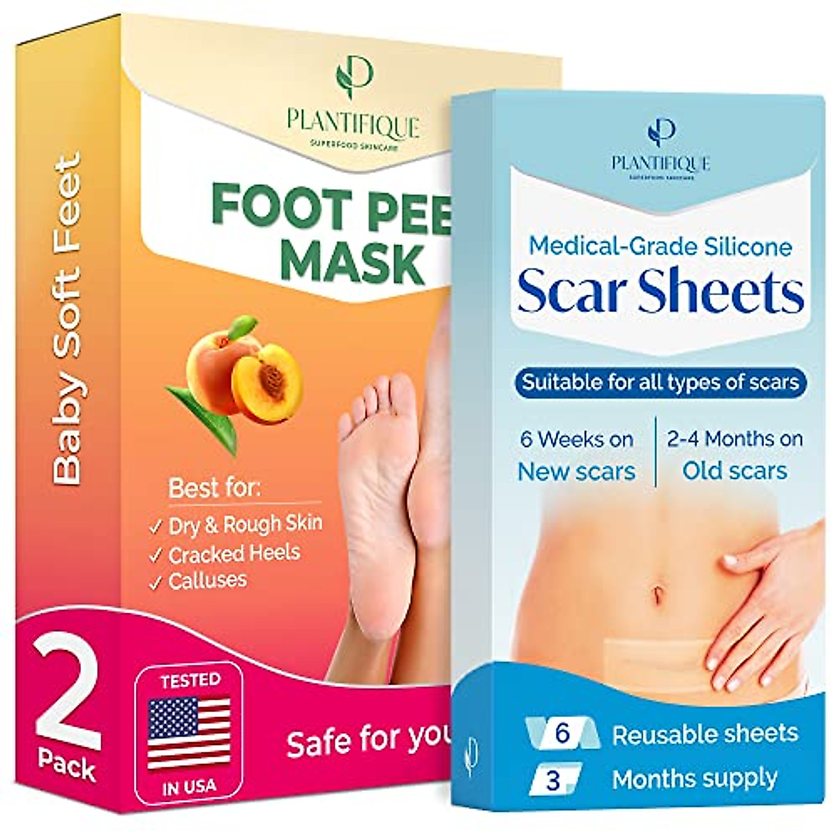 PLANTIFIQUE Foot Peel Mask with Peach 2 Pair and Silicone Scar Sheets 6 Pack