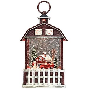 Victory Creative Barn House Christmas Lighted Snow Globe Lantern 9.5" H Musical Snow Globe with Swirling Glitter Battery Operated & Timer & USB