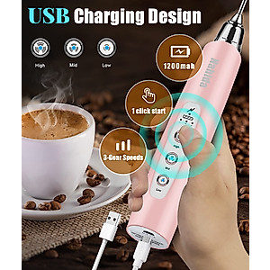 Nahida Pink Milk Frother Wand for Coffee, Frother Handheld with Stand Rechargeable Electric Whisk with 3 Heads 3 Speeds Drink Mixer Coffee Frother Foam Maker For Latte, Cappuccino, Hot Chocolate, Egg