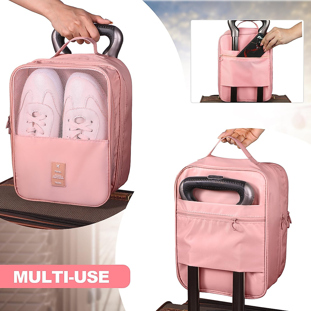 Windyun 2 Pcs Shoe Bags for Travel Holds 3 Pair of Shoes Travel Shoe Bag for Packing Portable Shoe Cubes for Travel and Daily Use(Pink, Beige)