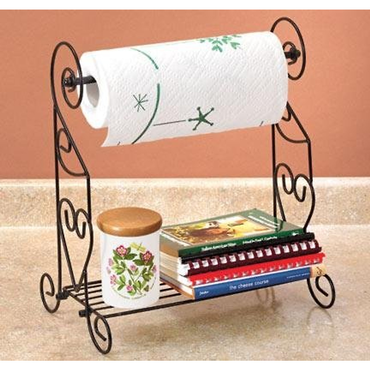 COUNTER TOP SCROLL METAL DESIGN PAPER TOWEL HOLDER WITH SHELF - BLACK