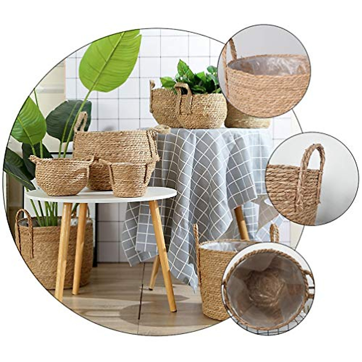 Cabilock Seagrass Plant Basket Hand Woven Belly Basket Bin Straw Beach Bag Panier with Handles for Laundry Picnic Plant Pot Cover Flower Home Toys Decor 25CM Khaki